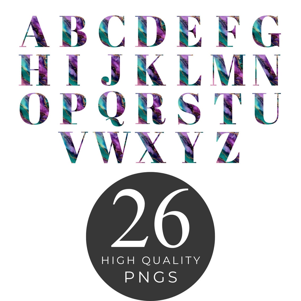 Luxe Alcohol Ink Alphabet PNG Clipart, Purple Teal Gold, Watercolor ...