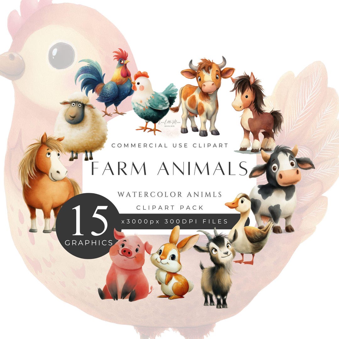 Farm Animals Clipart Pack, Watercolor Friends, Quirky Chicken, Silly ...