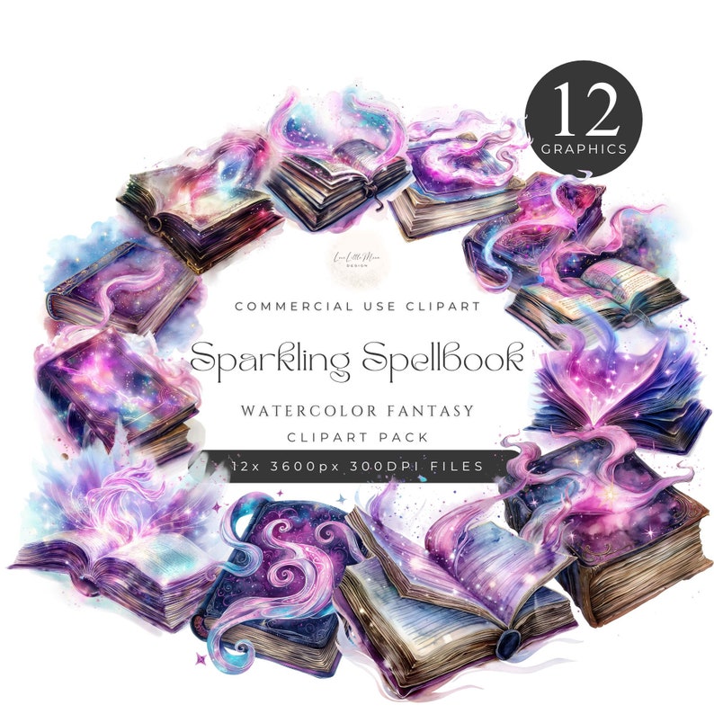 Enchanted Sparkling Magic Spellbook Watercolor Fantasy Clipart Pack ...
