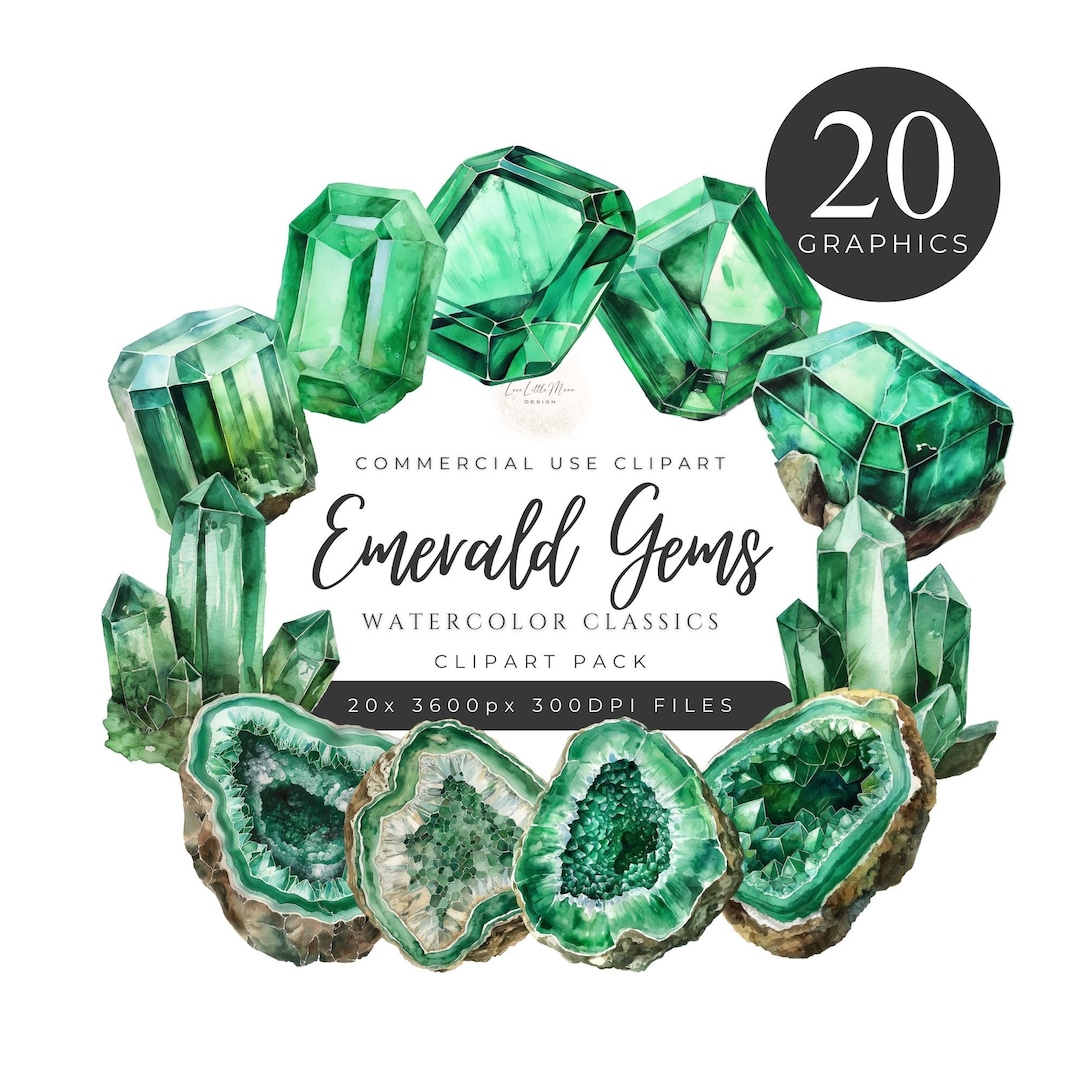 Watercolor Emerald Crystal Gem Stones Clipart Pack, Geodes, Precious ...