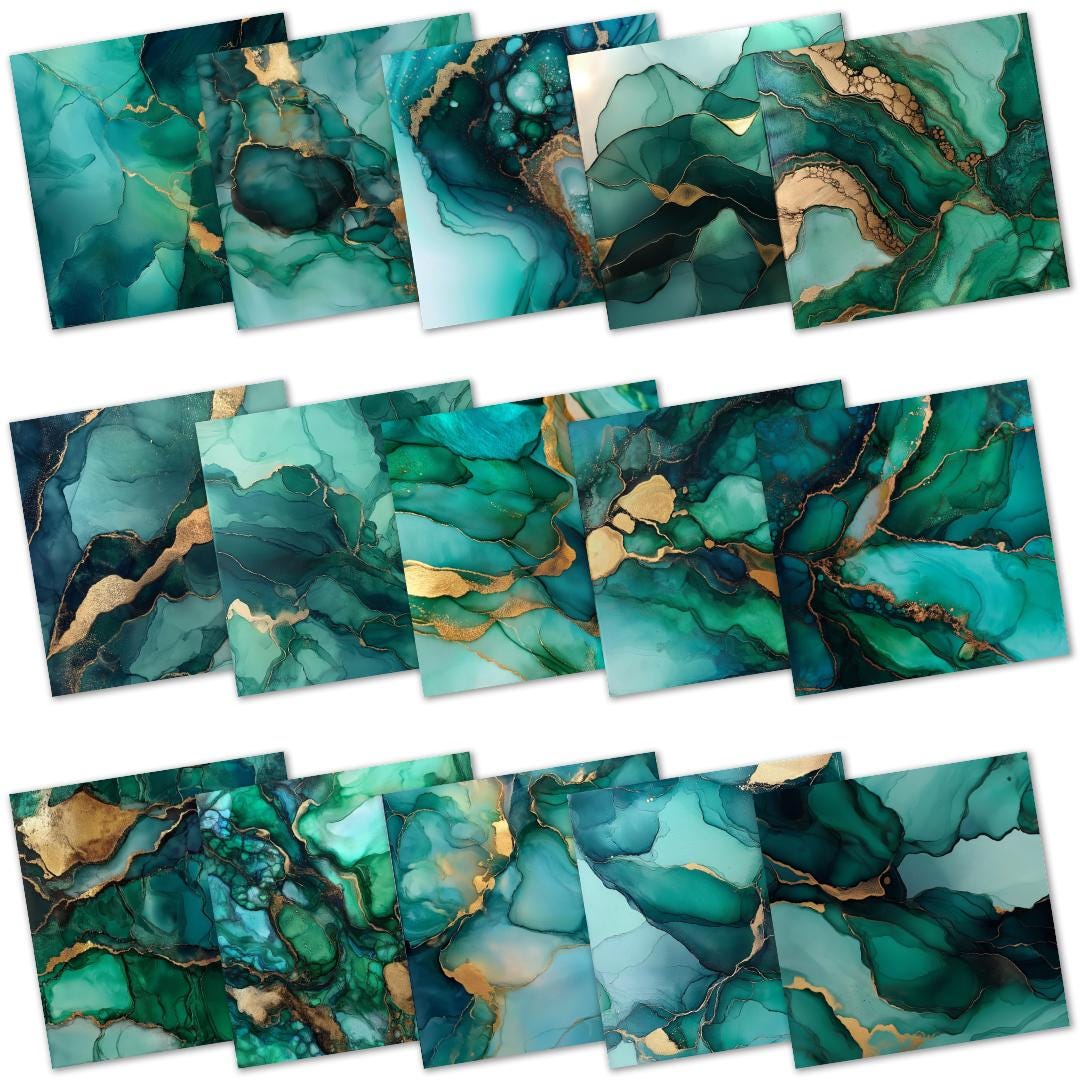 Alcohol Ink Emerald Green and Gold Texture Pack, Geode, Agate, Splash ...