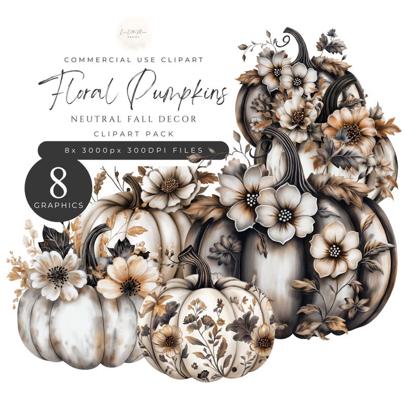 Neutral Floral Pumpkin Clipart Pack, Watercolor Halloween, Fall Toile ...