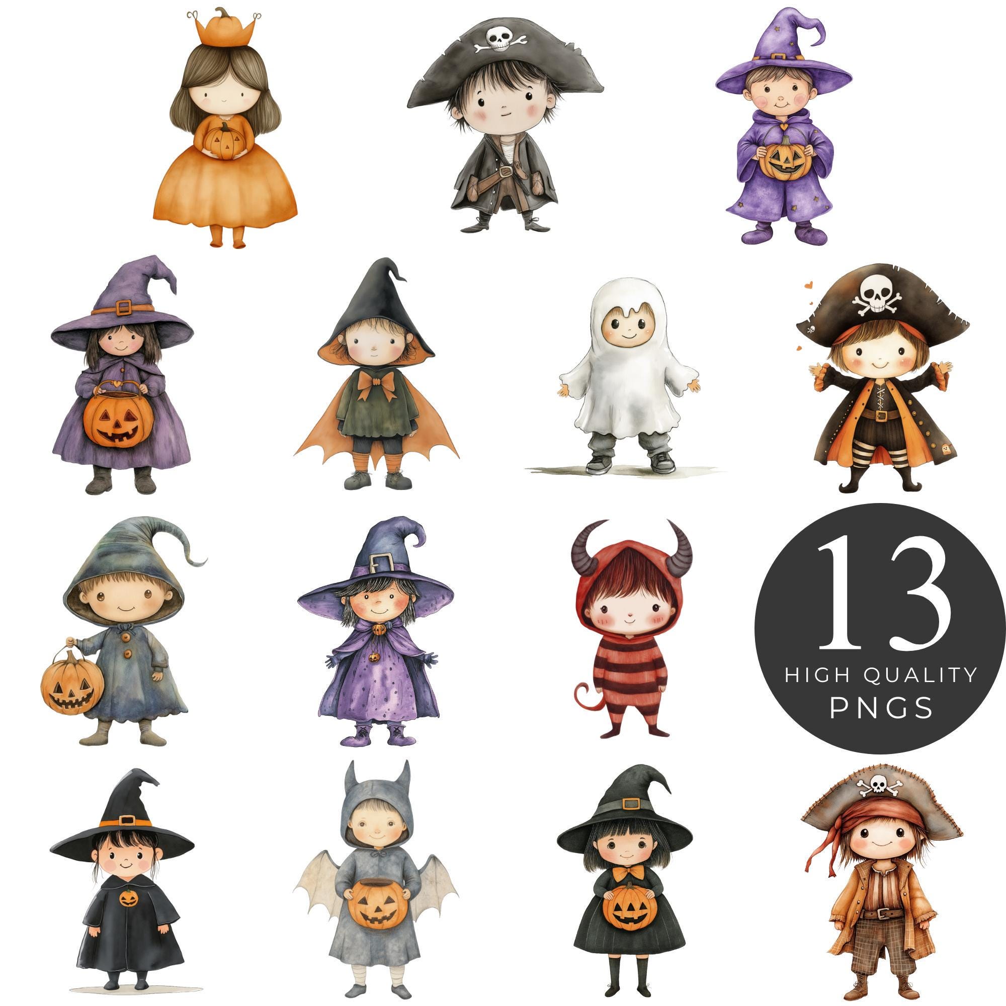 Cute Kids in Halloween Costumes Clipart Pack, Trick or Treating, Spooky ...