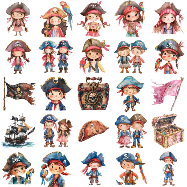 Pirate Treasure Hunt Clipart Pack, Watercolor Fantasy Friends, Ships ...