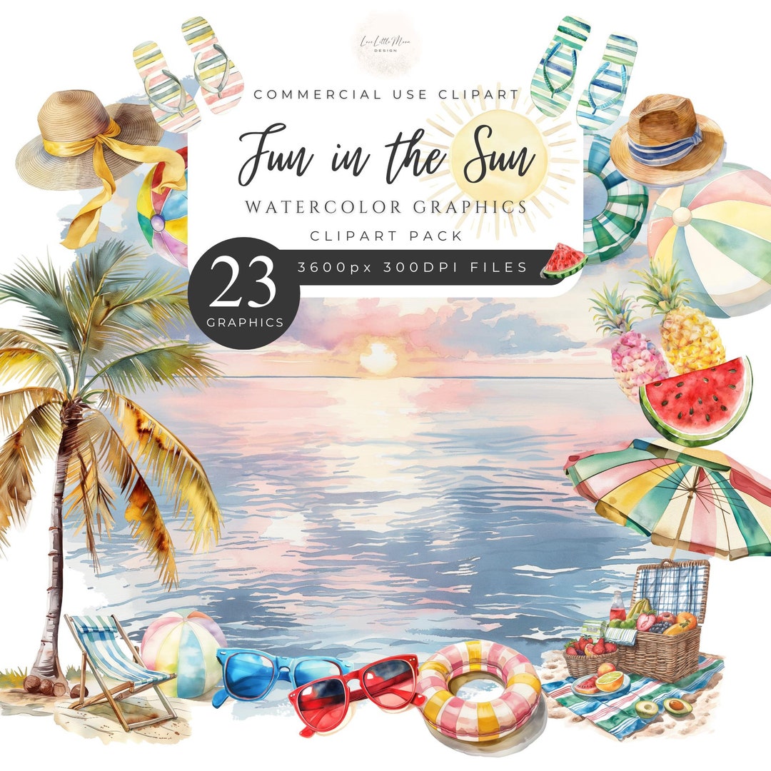 Summer Fun in the Sun Clipart Pack, Beach Swim, Picnic, Ocean Sunset ...