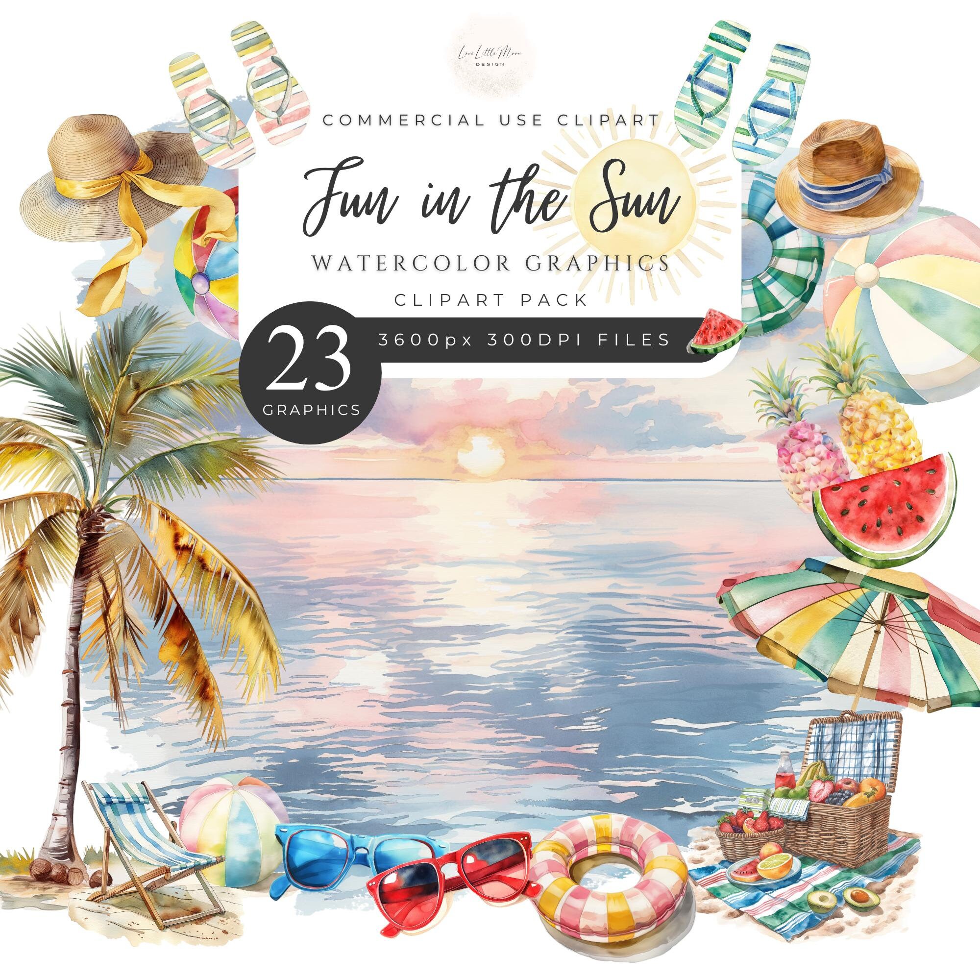 Summer Fun in the Sun Clipart Pack, Beach Swim, Picnic, Ocean Sunset ...