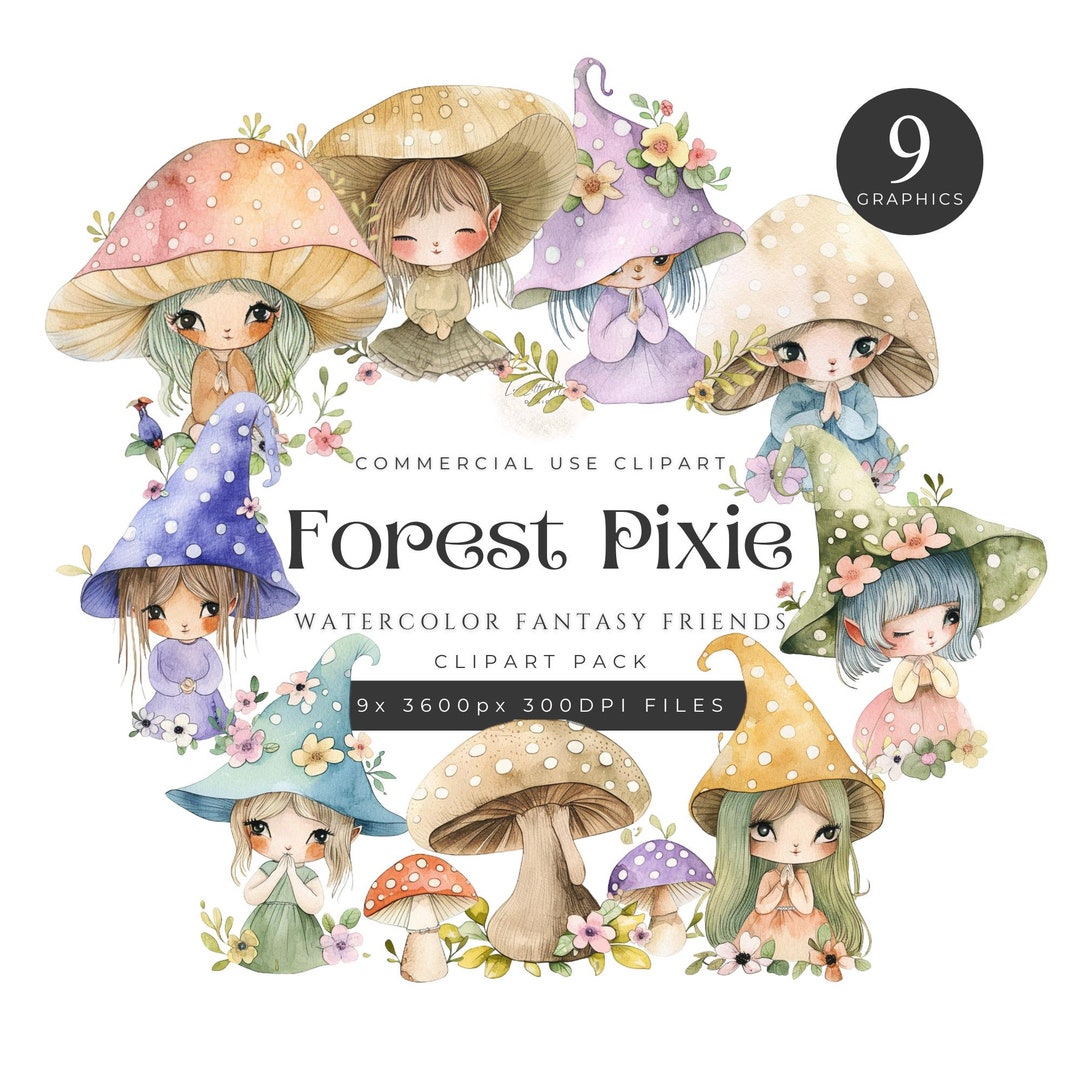 Enchanted Forest Pixie Fantasy Friends Clipart Pack, Watercolor ...