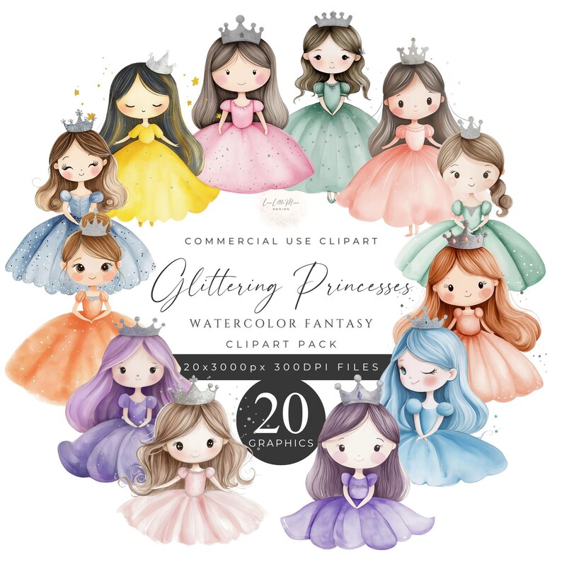 Glittering Fantasy Princesses Clipart Pack, Watercolor Pastel, Rainbow ...