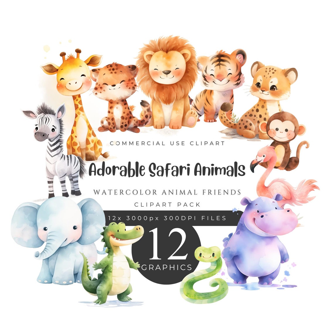 Adorable Safari Animals Clipart Pack, Watercolor Jungle Friends, Cute ...