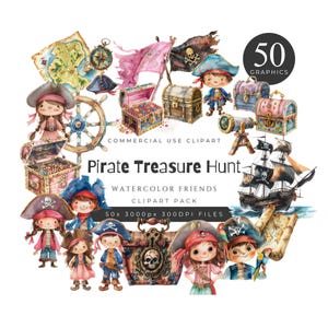 Pirate Treasure Hunt Clipart Pack, Watercolor Fantasy Friends, Ships ...