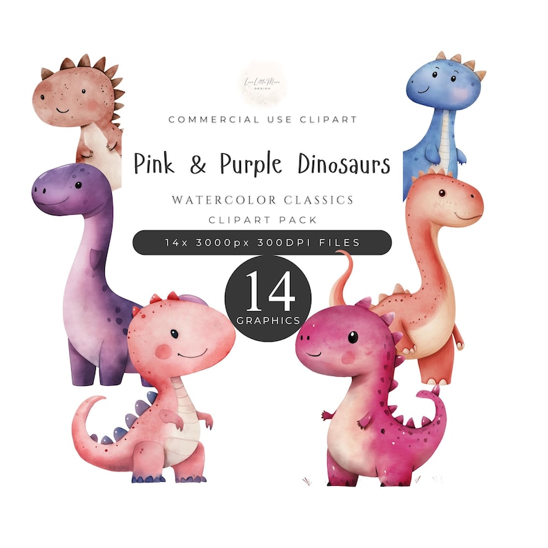 Pink and Purple Dinosaurs Clipart Pack, Cute Dino, T-rex, Watercolor ...