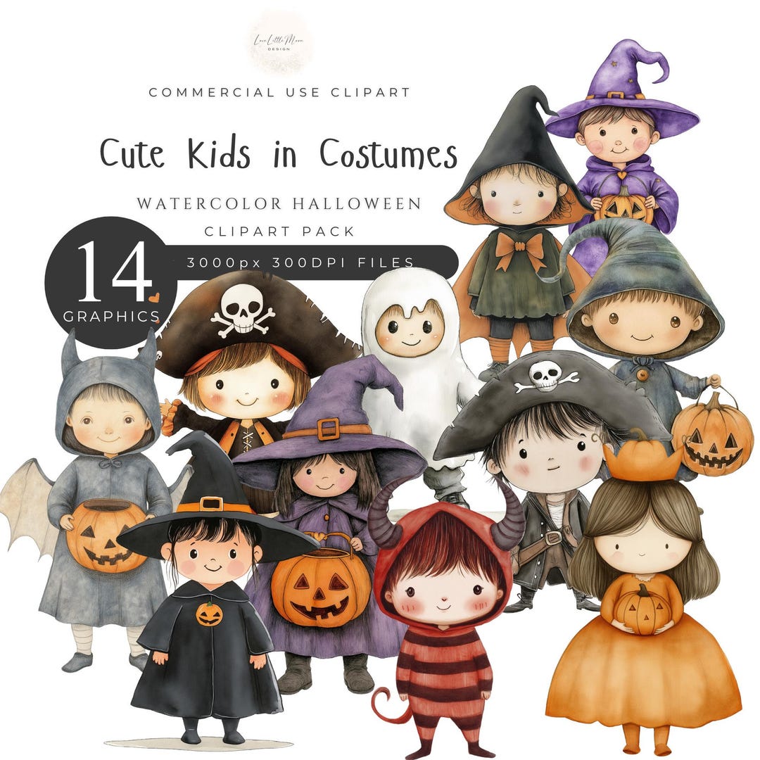 Cute Kids in Halloween Costumes Clipart Pack, Trick or Treating, Spooky ...