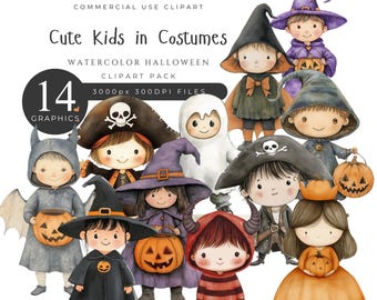 Cute Kids in Halloween Costumes Clipart Pack, Trick or Treating, Spooky ...