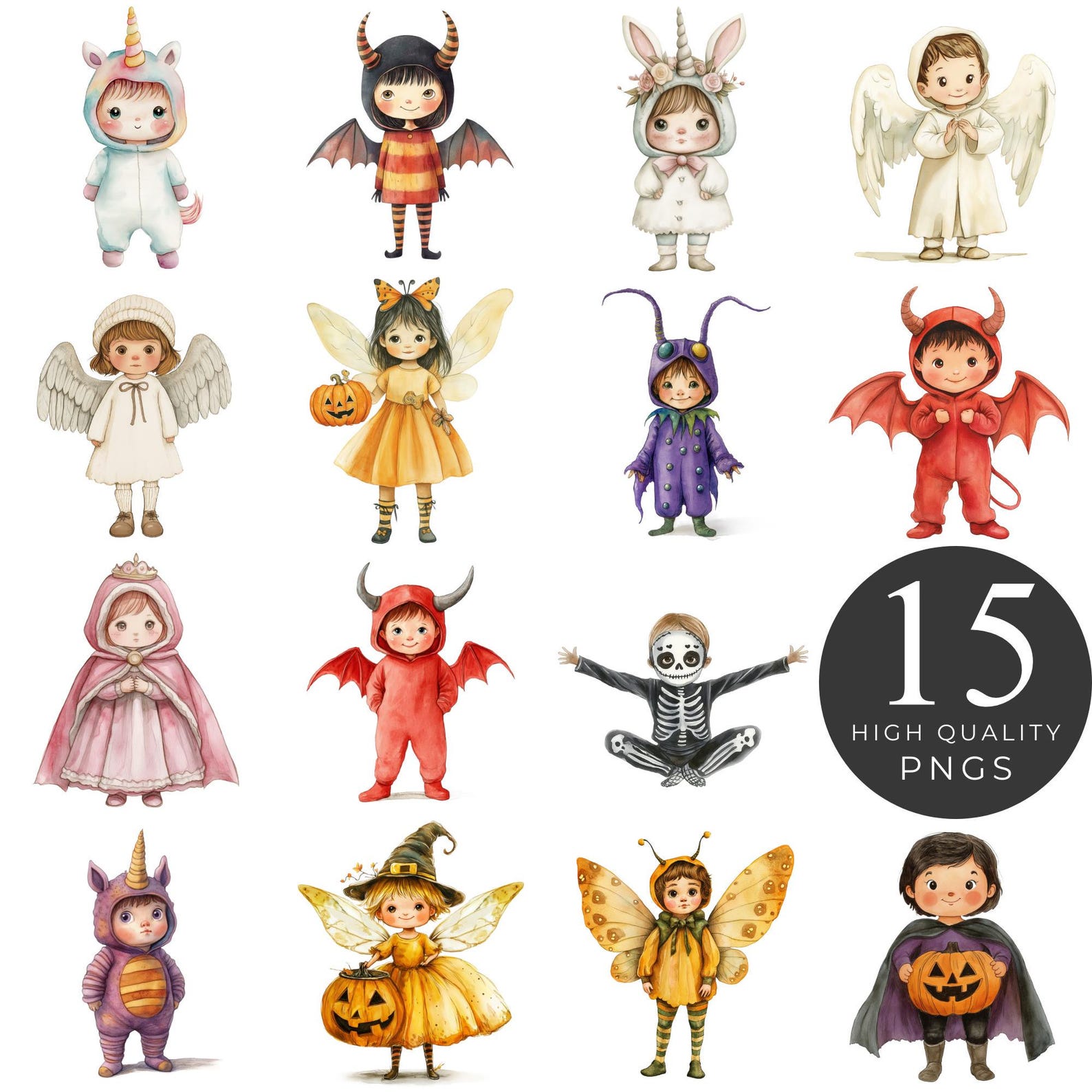 Cute Kids in Halloween Costumes Clipart Pack, Trick or Treating, Spooky ...