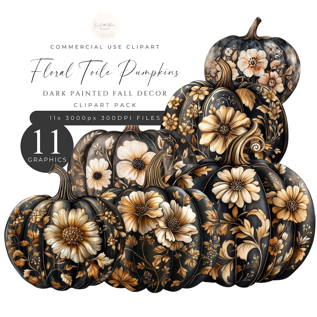Floral Toile Pumpkins Dark Clipart Pack, Watercolor Halloween, Painted ...