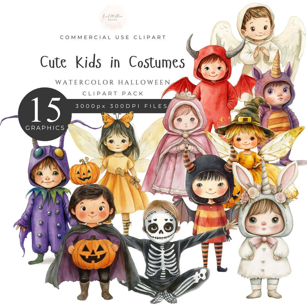 Cute Kids in Halloween Costumes Clipart Pack, Trick or Treating, Spooky ...