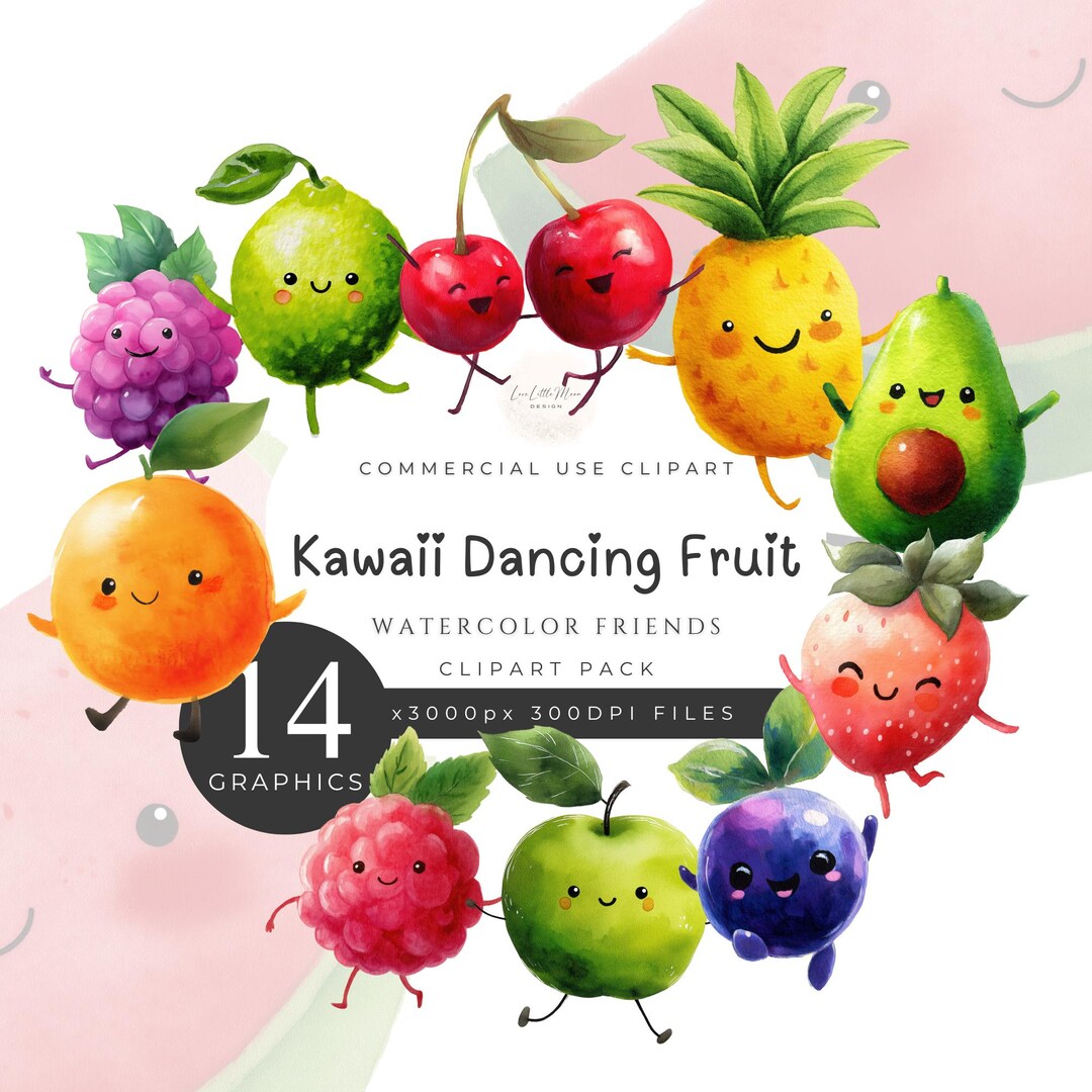 Kawaii Dancing Fruit Clipart Pack, Adorable Smiling Apple, Happy Cute ...