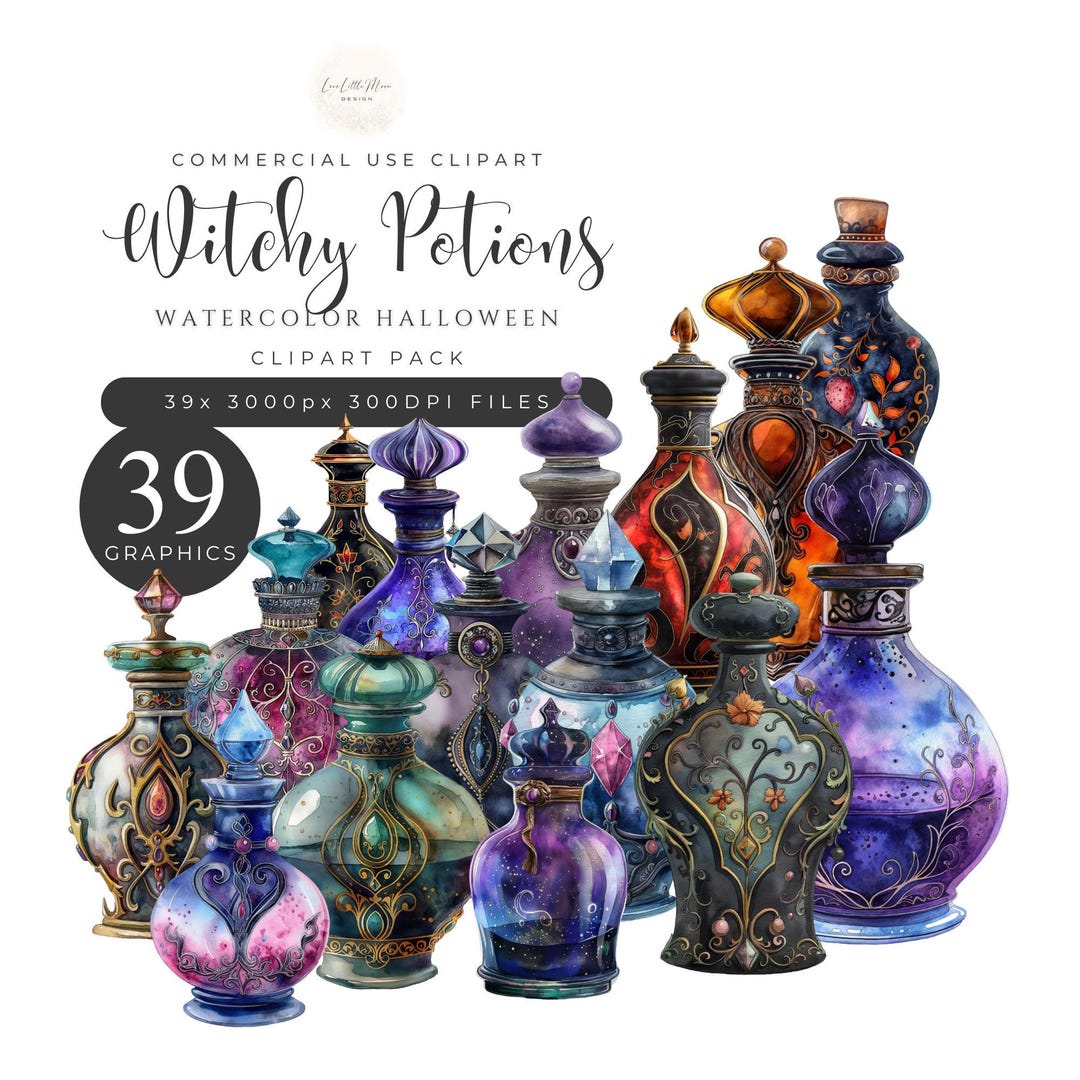 Witchy Potion Bottles Clipart Pack, Watercolor Halloween Apothecary ...