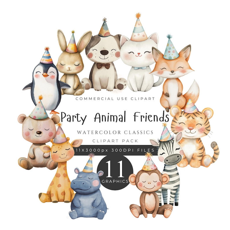 Cute Party Animals Clipart Pack, Party Hats, Colorful Birthday ...
