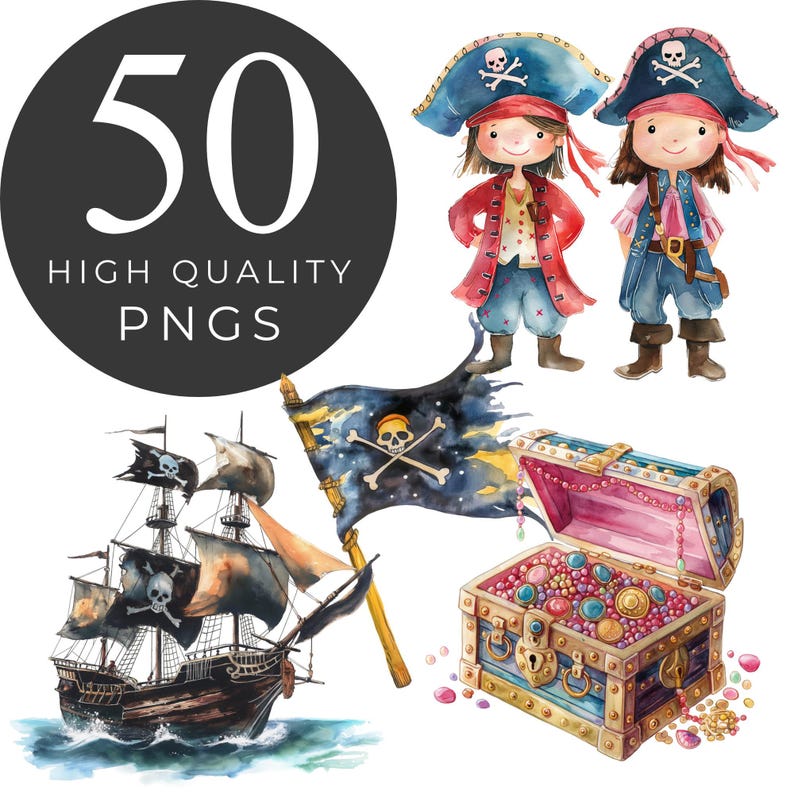 Pirate Treasure Hunt Clipart Pack, Watercolor Fantasy Friends, Ships ...
