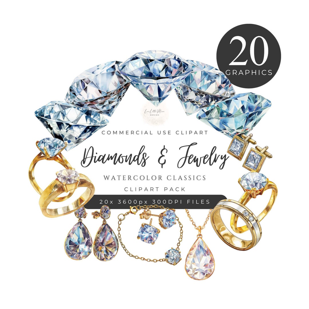Watercolor Diamonds and Gold Jewelry Clipart Pack, Wedding Jewels ...