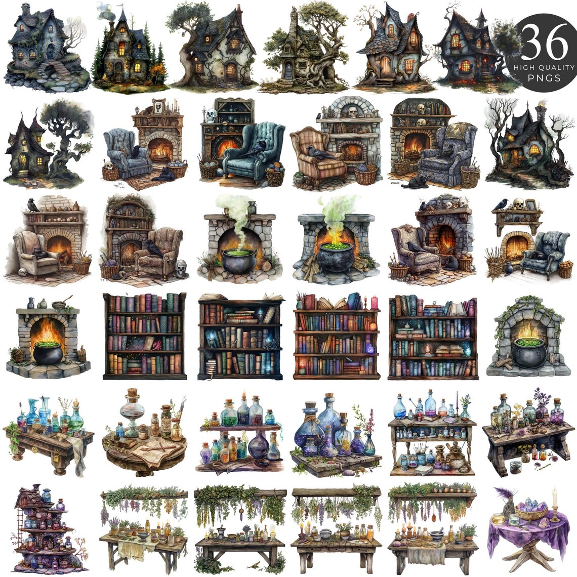 Witches Cottage Witchcore Clipart Pack, Watercolor Fantasy Friends ...