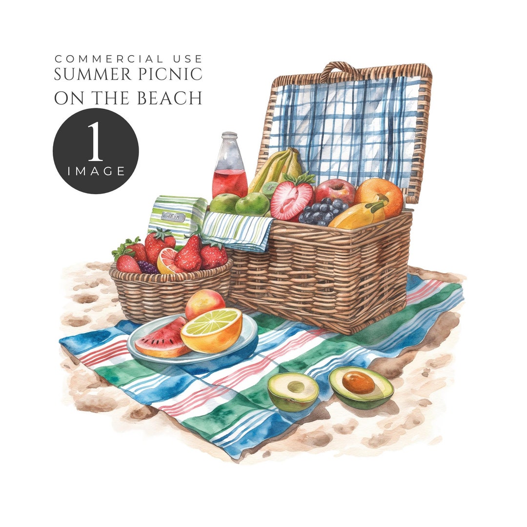 Beach Picnic Single Clipart, Watercolor Summer, Sandy Fruit Baskets ...