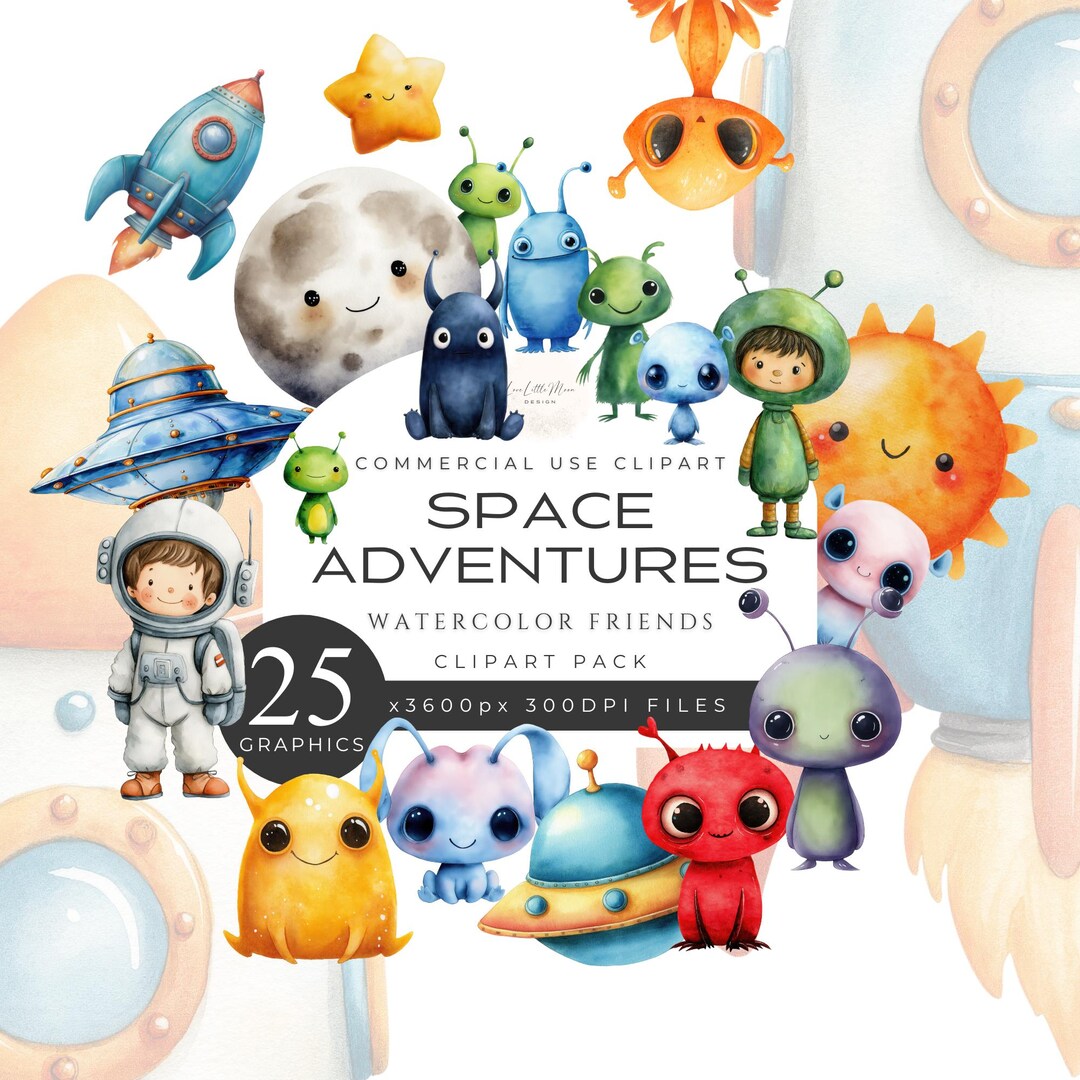 Space Adventures Clipart Pack, Astronaut, Alien, Rocketship UFO, Galaxy ...