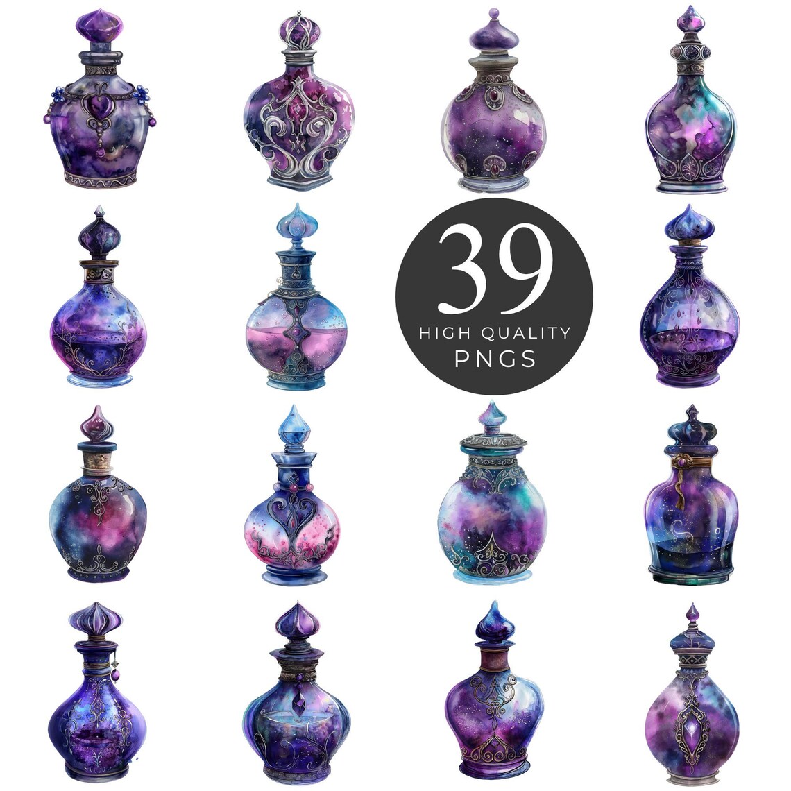 Witchy Potion Bottles Clipart Pack, Watercolor Halloween Apothecary ...