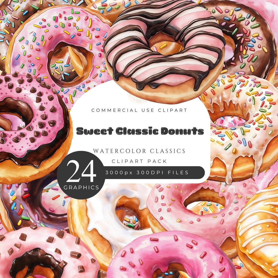 Sweet Classic Donuts Clipart Pack, Watercolor Frosting, Sweet Treats ...