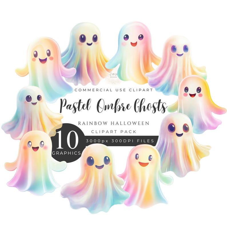 Pastel Rainbow Ombre Ghosts Clipart Pack, Colorful, Spooky, Halloween ...