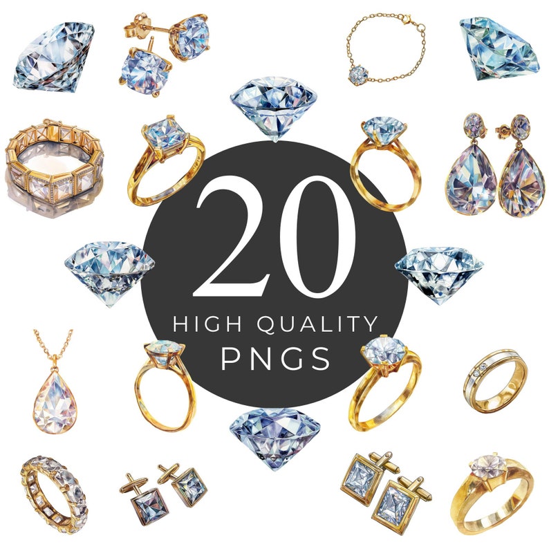 Watercolor Diamonds and Gold Jewelry Clipart Pack, Wedding Jewels ...