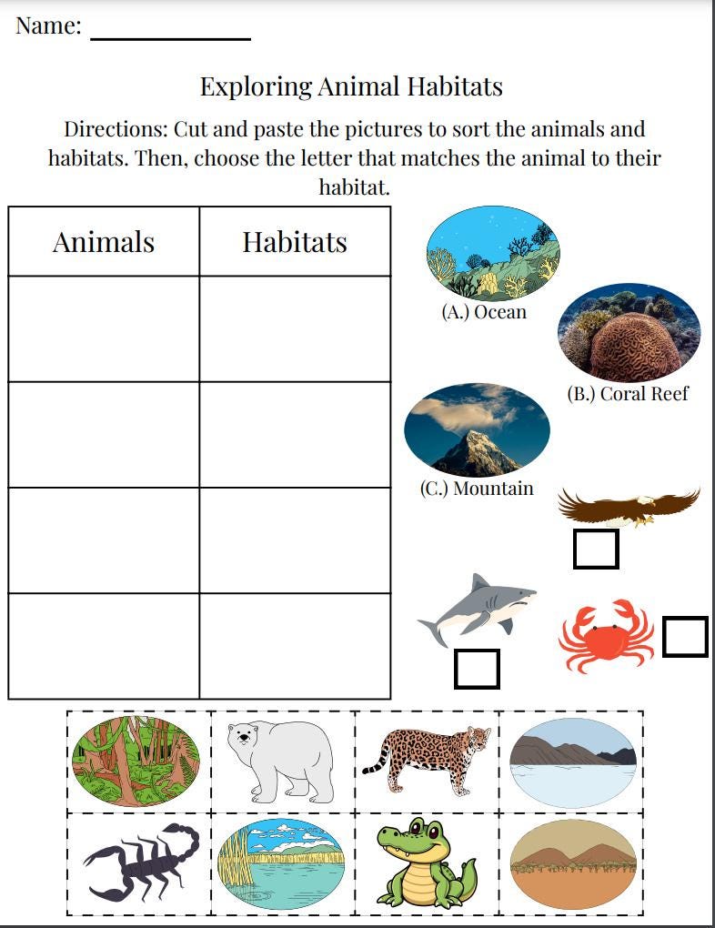 Animal Habitats Cut & Paste Worksheet | Science Sorting Activity for ...
