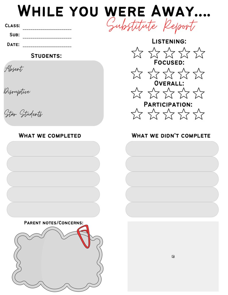 Substitute Teacher Class Report - Etsy