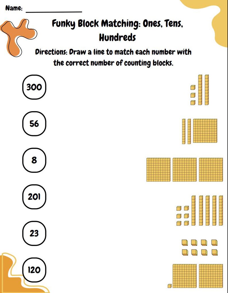Place Value Worksheet for Grades 1–3 | Base Ten Blocks Matching ...