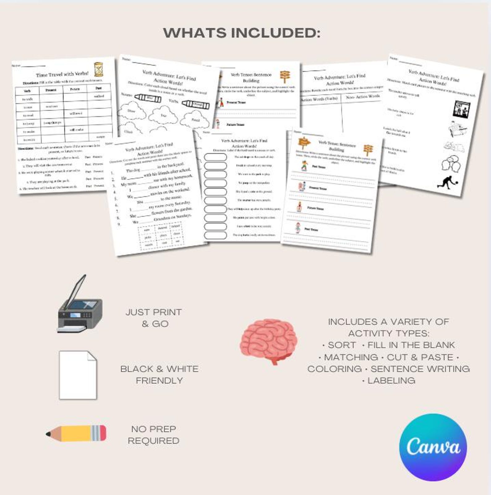 Types of Verbs Worksheets | Action Vs. Non-action Verb Activities ...
