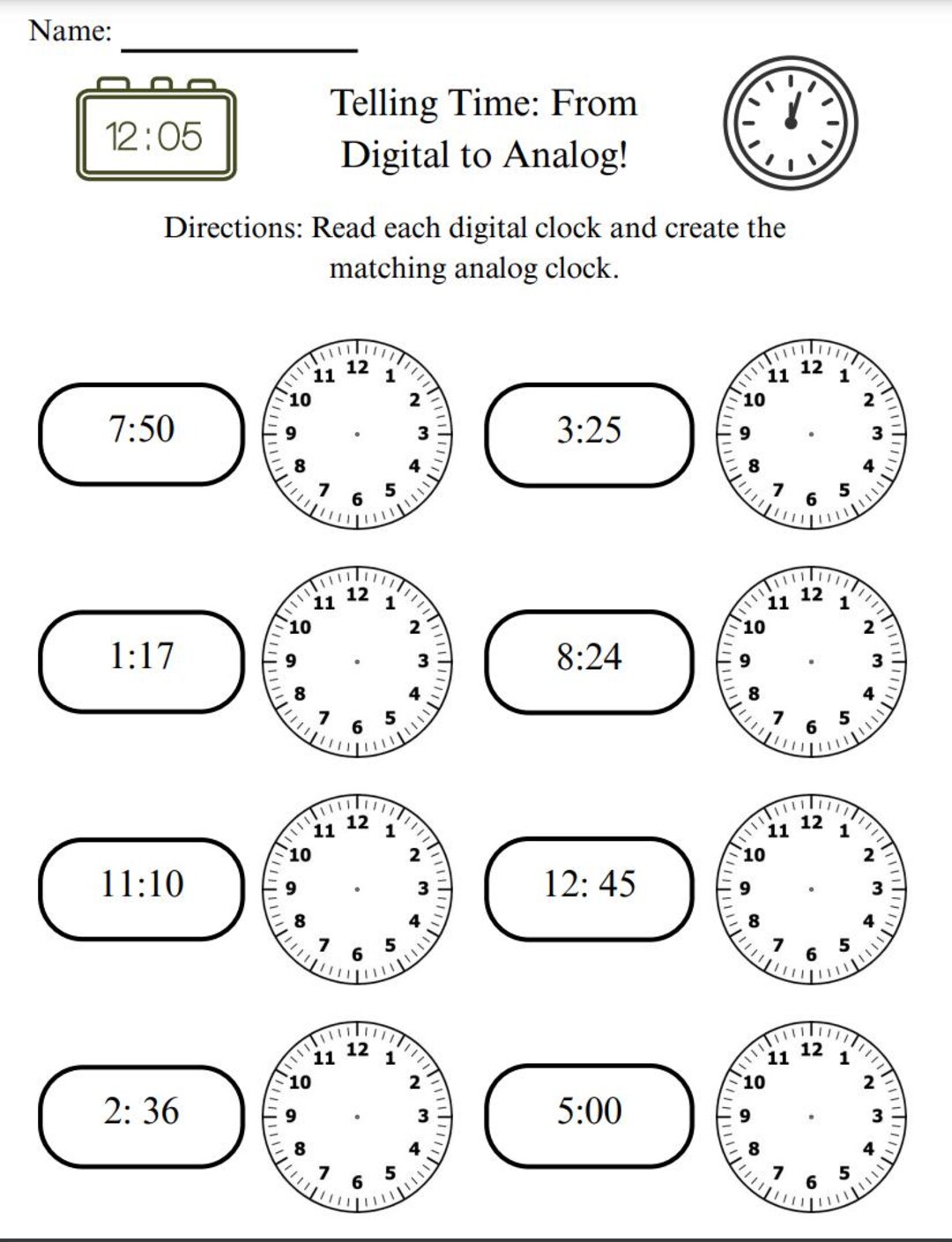 Telling Time: From Digital to Analog! Time Conversion Practice | Math ...