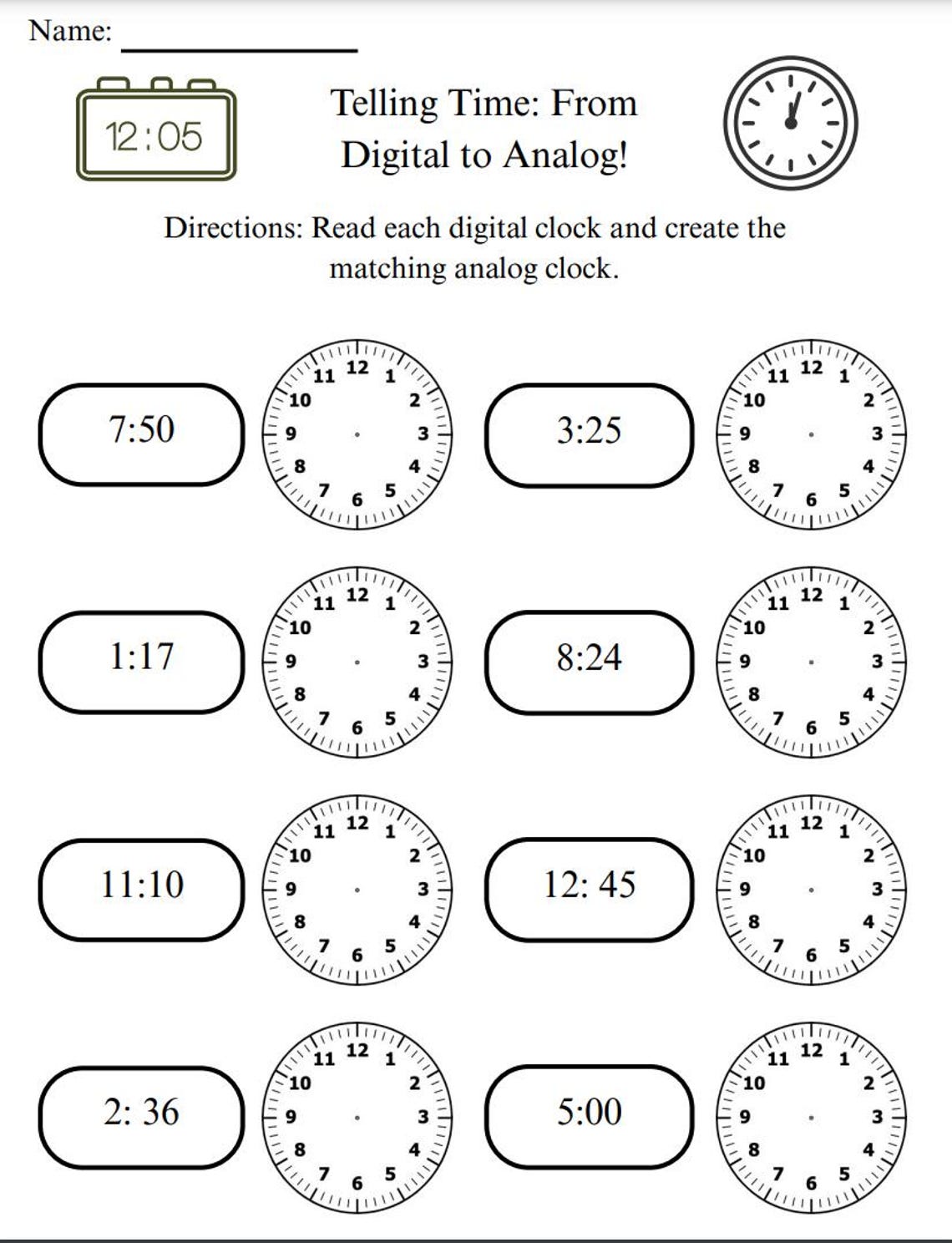 Telling Time: From Digital to Analog! Time Conversion Practice | Math ...