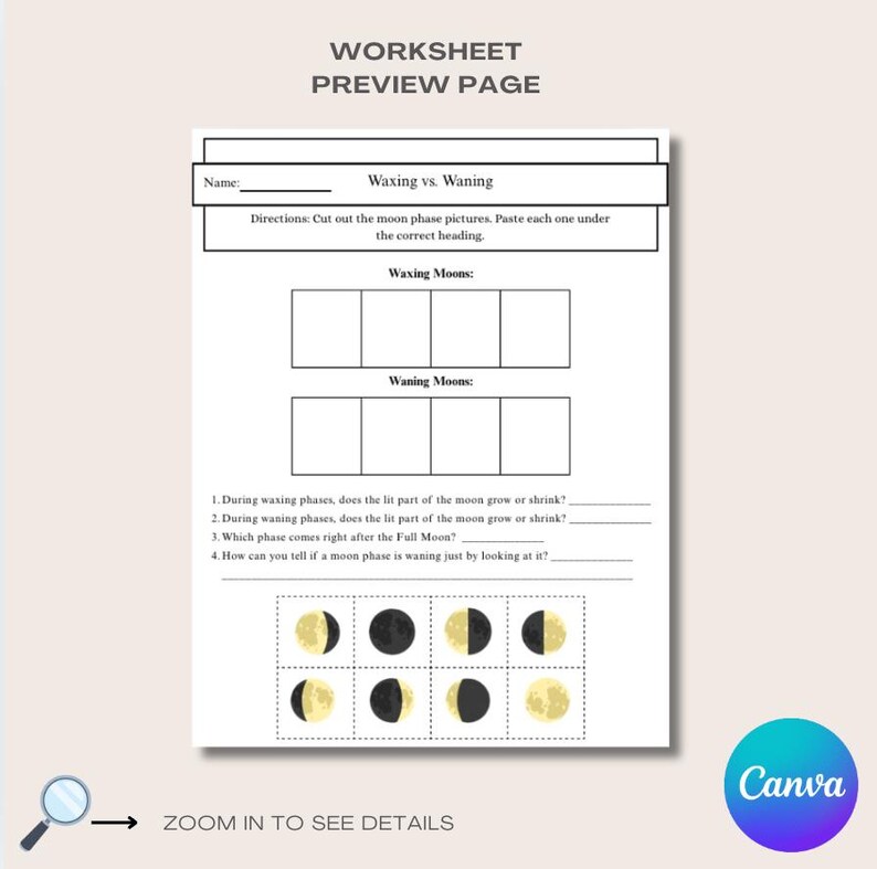 Moon Phases Worksheet | Lunar Cycle, Full, New, Waxing, Waning ...