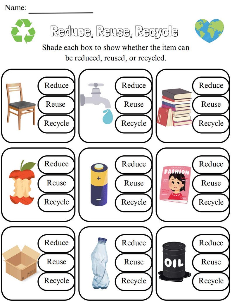Reduce Reuse Recycle Worksheets for Kids – Earth Day Sorting Real World ...