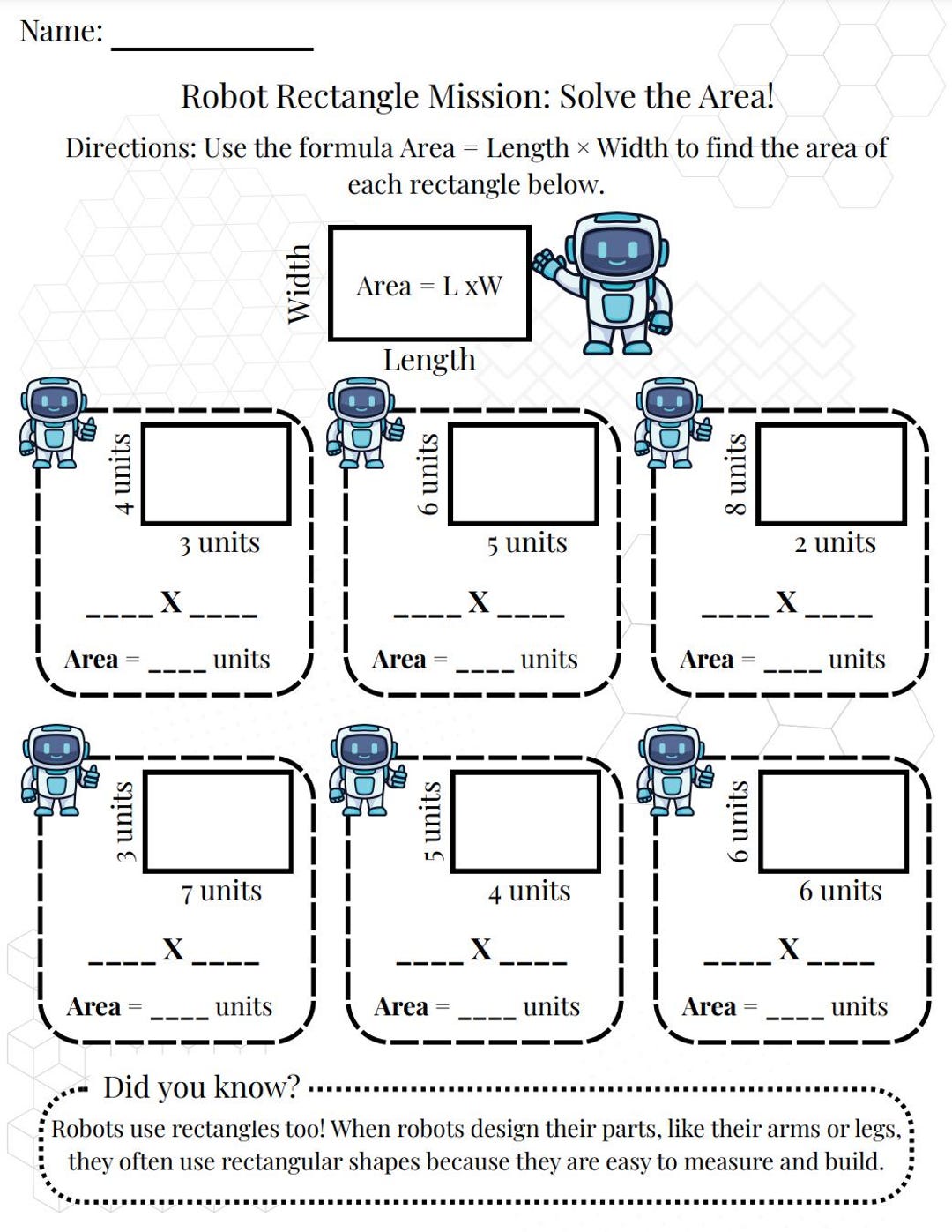 Solving Area of a Rectangle | Length X Width | Surface Area Worksheet ...