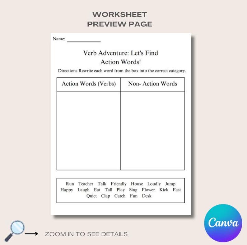 Types of Verbs Worksheets | Action Vs. Non-action Verb Activities ...