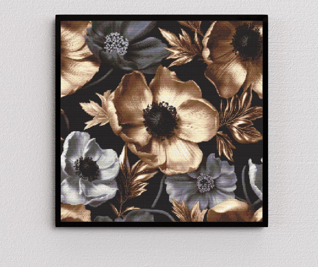 Luxury Anemone Cross Stitch Pattern | Black & Gold Floral Embroidery ...