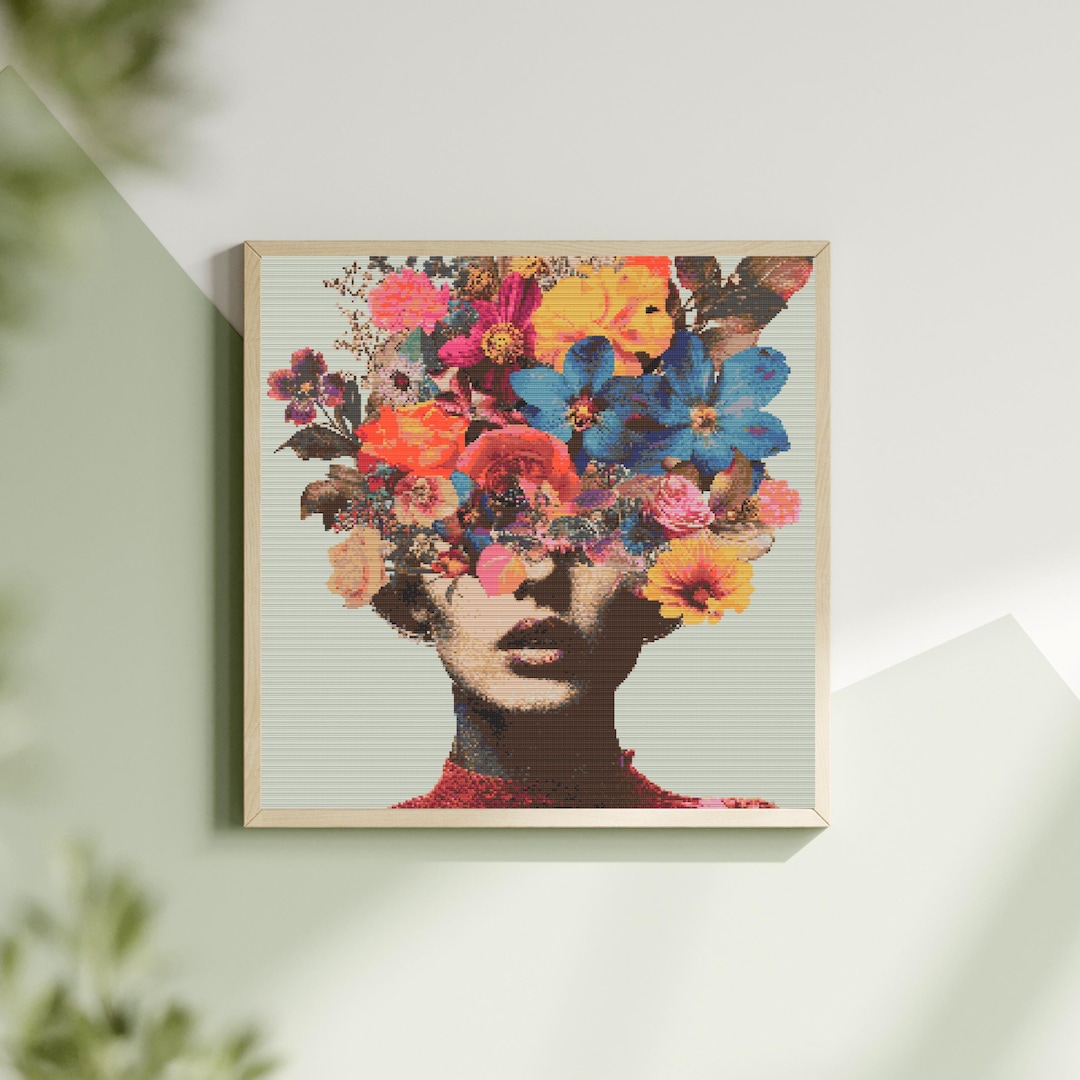 Floral Woman Cross Stitch Pattern | Maximalist Portrait Embroidery (PDF ...