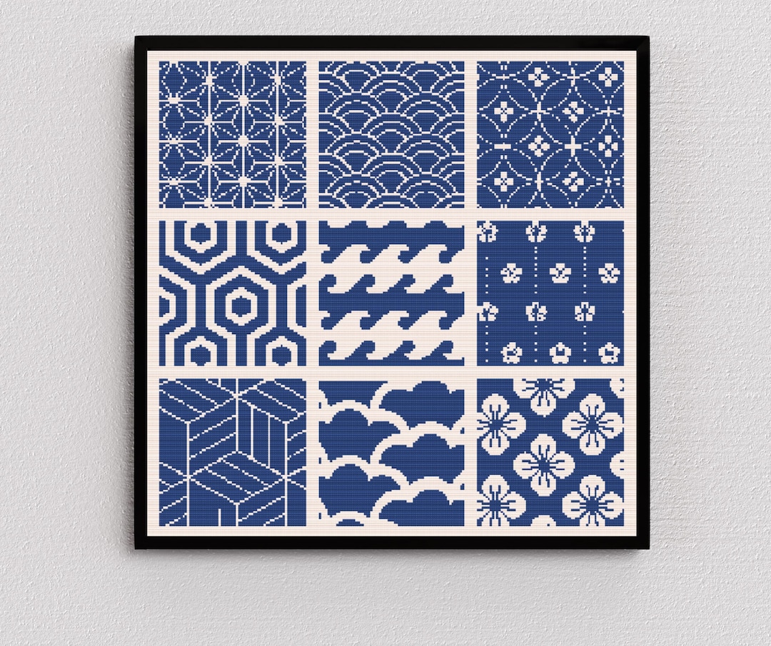 Japanese Sashiko Cross Stitch Pattern | Blue & White Geometric ...