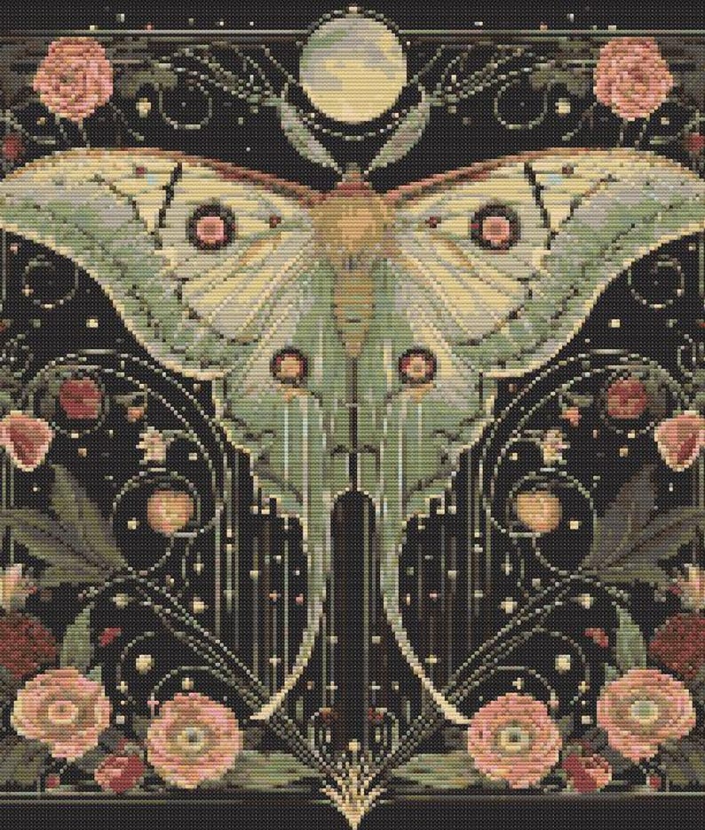 Luna Moth Cross Stitch Pattern | Art Nouveau Floral Embroidery (digital ...