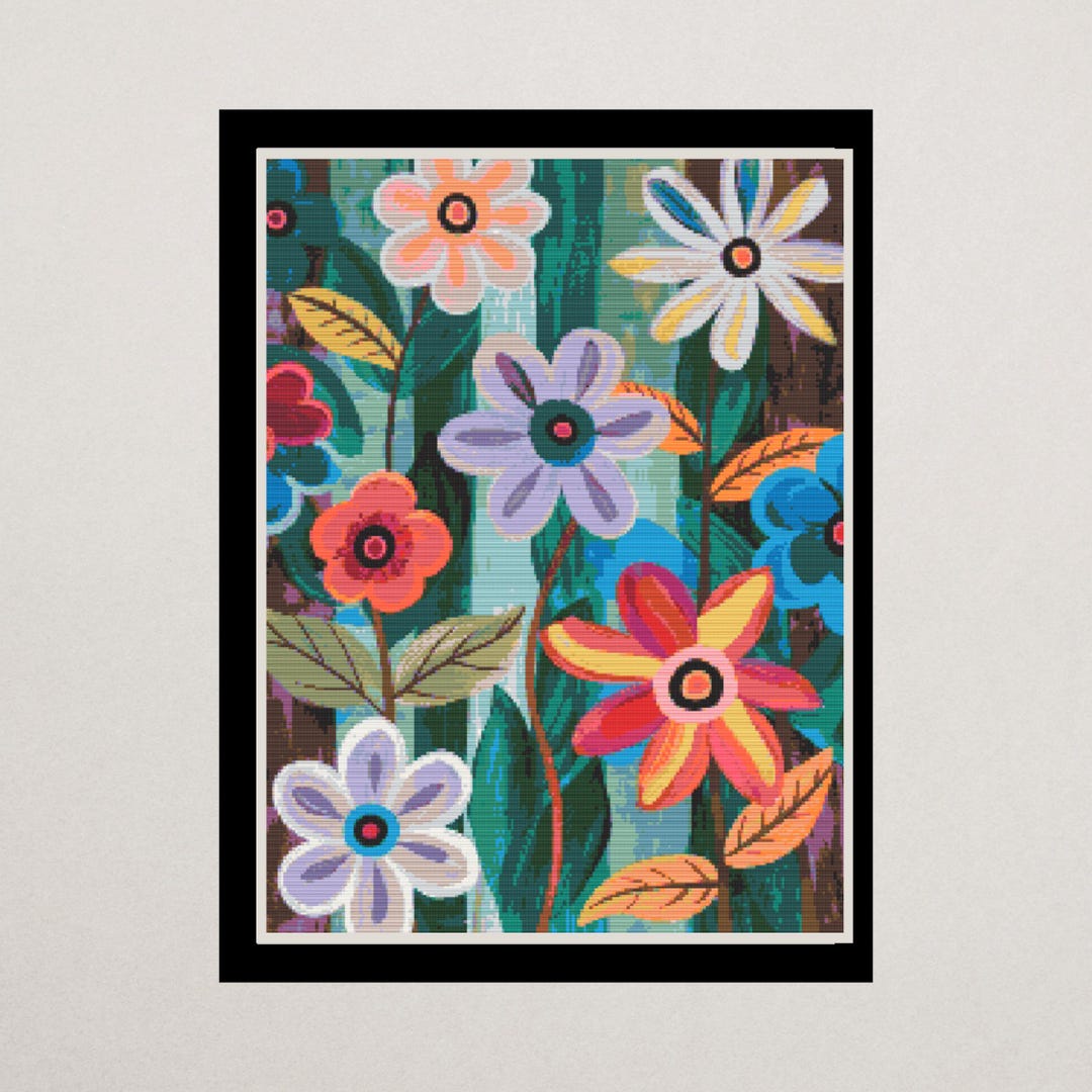 Lively Floral Cross-stitch Pattern - Colorful Blooms Design - DIY ...