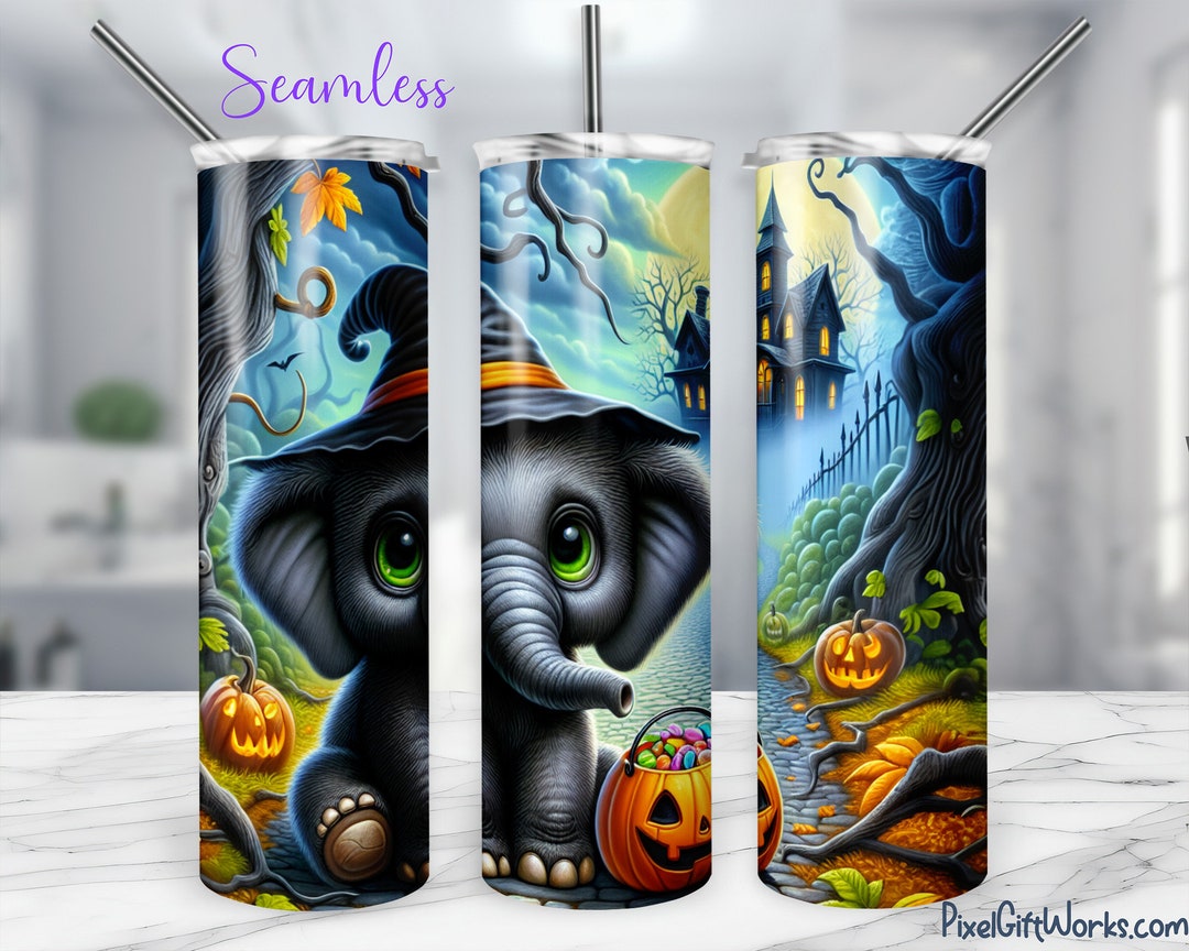 Magical Halloween 20 Oz Skinny Tumbler Wrap PNG, Spooky Elephant ...