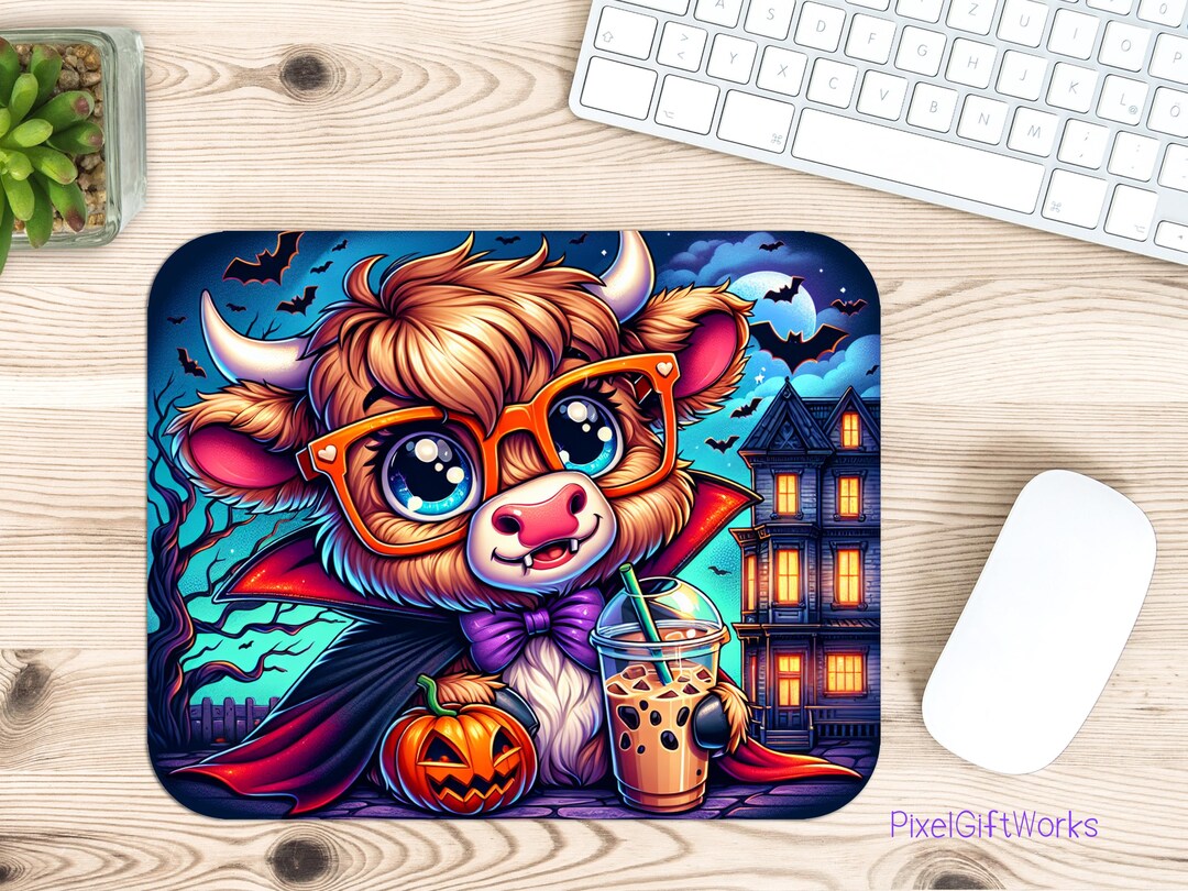 Spooky Vampire Halloween Highland Cow Mouse Pad Sublimation Design Cute ...