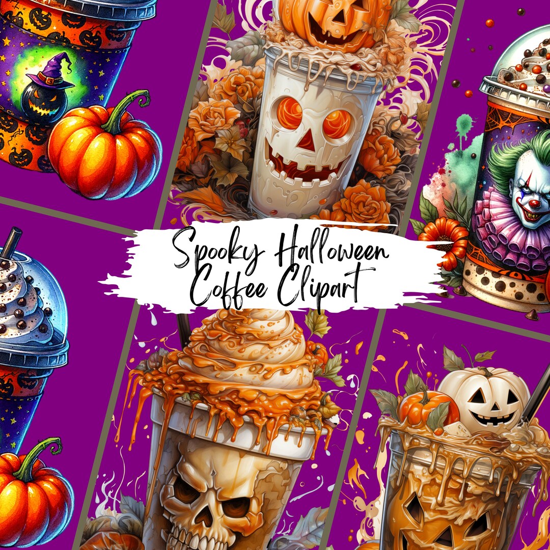 Halloween Coffee Clipart: Spooky Gothic Watercolor PNG Bundle (30 ...